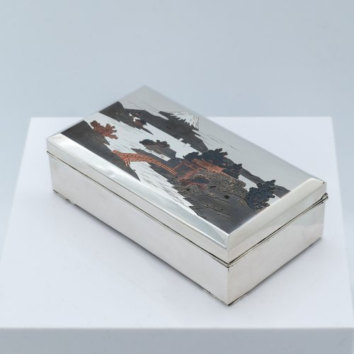 Japanese Silver Box with Inlaid Mixed Metal Panel, 1950s for sale at Pamono