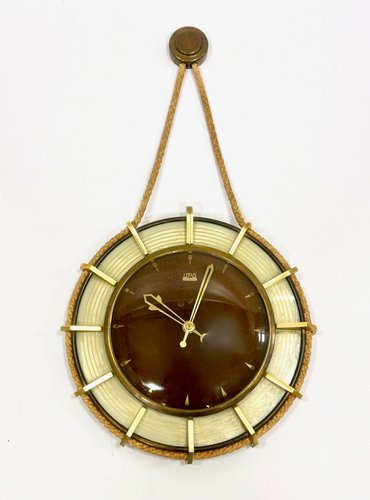 German Brass Wind Up Wall Clock with Rope Hanger by UPG Halle, 1960s ...