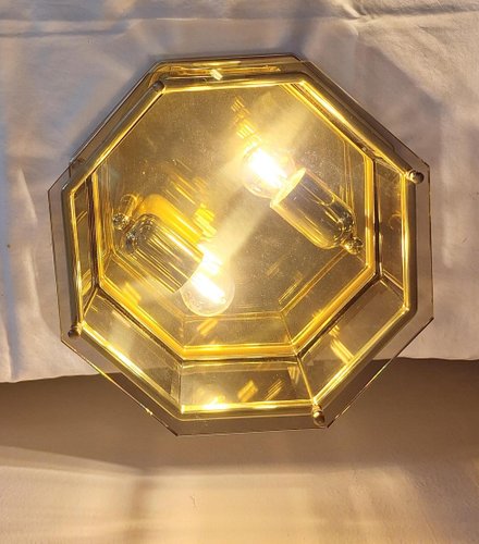 Vintage German Ceiling Lamp with Brass Frame and Partly Tinted Glass ...