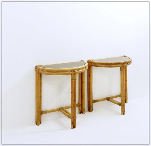 Mid-Century Italian Half-Moon Bamboo and Smoked Glass Console Tables ...
