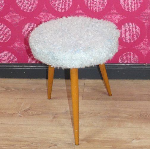 Wood Stool with Filigree Legs & Pastel Blue Fluff Cover for sale at Pamono