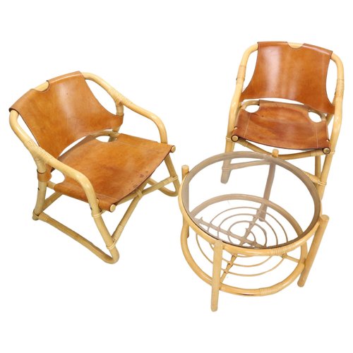 Danish Modern Manilla Lounge Chairs & Table in Bamboo and Saddle ...