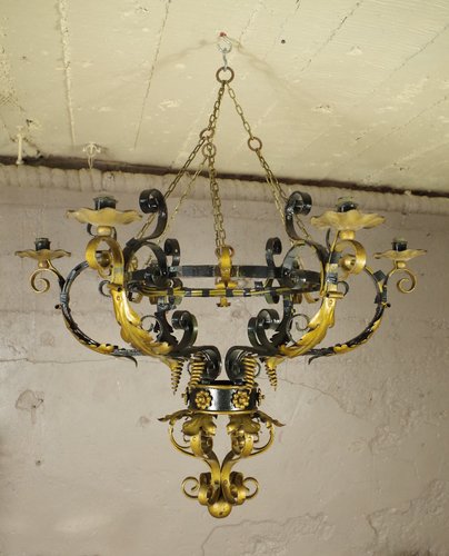 Large Chandelier in Wrought Iron and Riveted Suspension Light Fixture ...