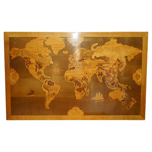Large World Globe Map in Hand Carved and Inlaid Wood for sale at Pamono