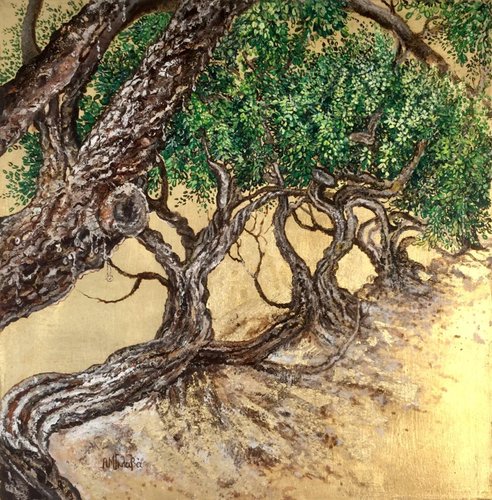 Anastasia Gklava, Mastic Trees Embrace, Oil & Gold Leaf Painting, 2021 ...