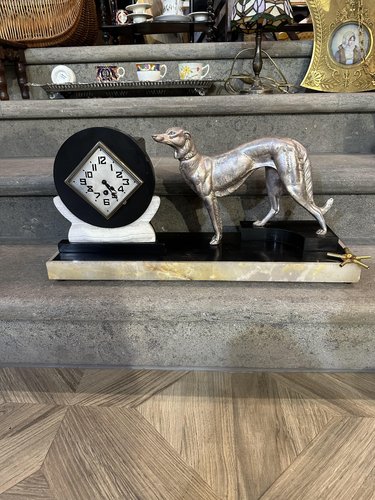 Art Deco Clock in Black and White Marble with Metal Greyhound and ...