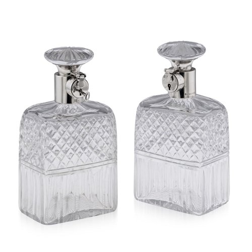 Antique English Locking Decanters in Silver and Cut Glass, 1925, Set of ...