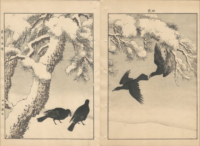 Imao Keinen, Double-Page Ravens Alight on a Bench Beneath a Snowy Pine ...