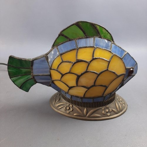Multicolored Leaded Glass Fish Table Lamp with Brass Base, 1970s for ...