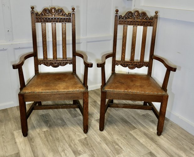 Set of Arts and Crafts Carved Oak Carver Chairs for sale at Pamono