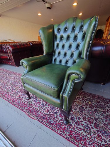 Forest Green Leather Wingchair for sale at Pamono