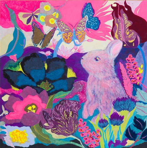 Minako Asakura, Rabbit & Flowers, 2024, Acrylic & Watercolor on Paper ...