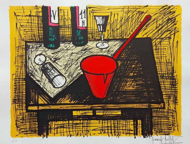 Bernard Buffet, Bodegón con cacerola roja, 1982, Litografía original en ...