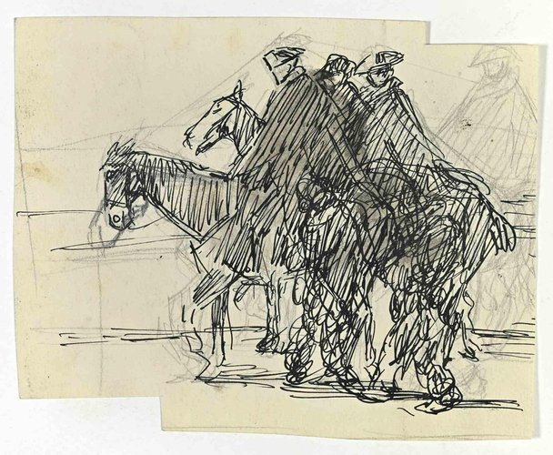 Gabriele Galantara, Horsemen, Mixed Media Drawing, Early 20th Century ...