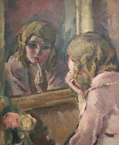 Henri Fehr, Jeune fille au rouge à lèvres, Oil on Canvas, Framed for ...