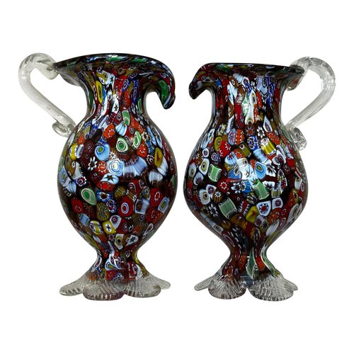 Italian Millefiori Murano Glass Vases, 1950s, Set of 2 for sale at Pamono
