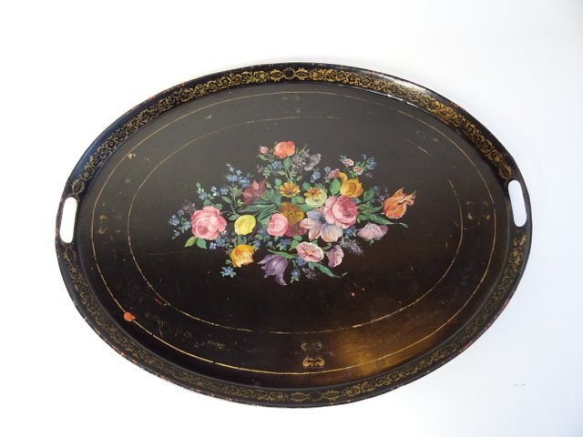 Large Antique Tin Tray with Hand Painted Flowers for sale at Pamono