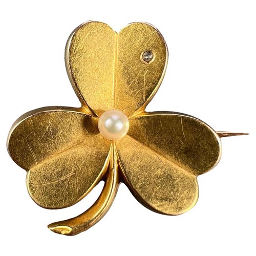 French Clover 18k Yellow Gold Pearl Diamond Pendant Brooch, 1890s for ...