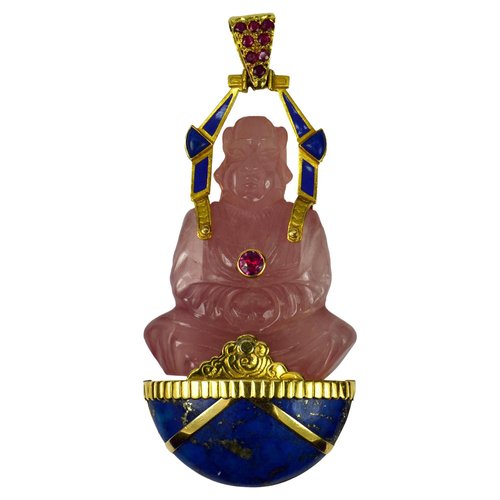 Large French 18k Yellow Gold Ruby Rose Quartz Lapis Buddha Pendant ...