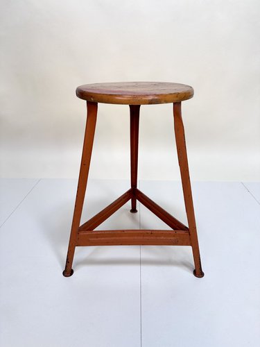 Vintage German Industrial Workshop Stool in Steel and Wood, 1950s for ...