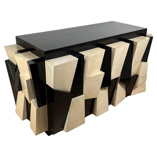 Wood, Parchment, Glass and Lacquer Sideboard in the style of Paul Evans ...