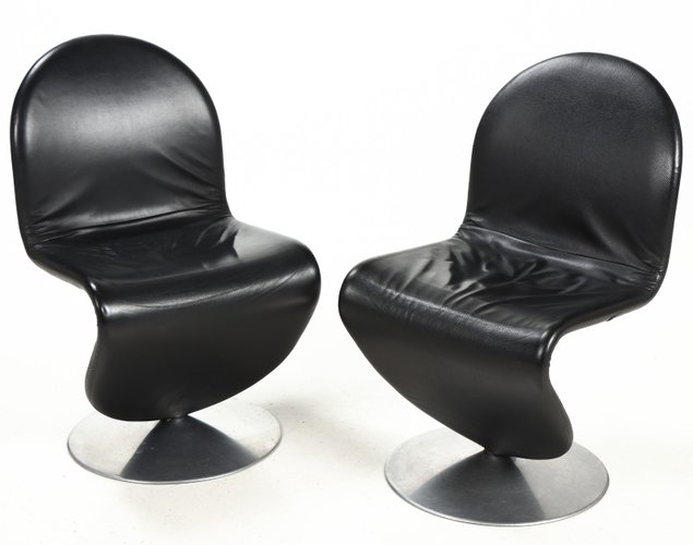 Set of Black Leather Model 1-2-3 Side Chairs by Verner Panton for Fritz ...