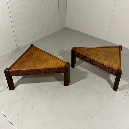 Brutalist Triangular Shaped Oak Coffee Side Tables 1970s Set of 2 for sale at Pamono