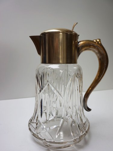 Large Vintage Gilded Cut Crystal Glass Pitcher with Ice Insert, 1930s ...