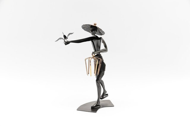 Austrian Artist, Handmade Asian Bird Feeder Figure, 1950s, Metal for ...