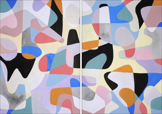 Ryan Rivadeneyra, Shuffled Modernist Forms Diptych, 2024, Acrylic on Paper for sale at Pamono