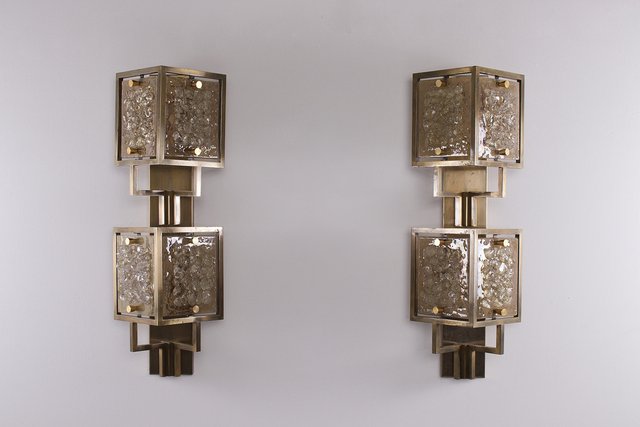 Large Wall Sconces in Brass and Amber Glass, 1980s, Set of 2 for sale ...