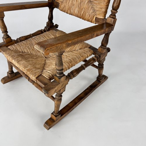 French Oak and Rush Rocking Chair, 1920s for sale at Pamono