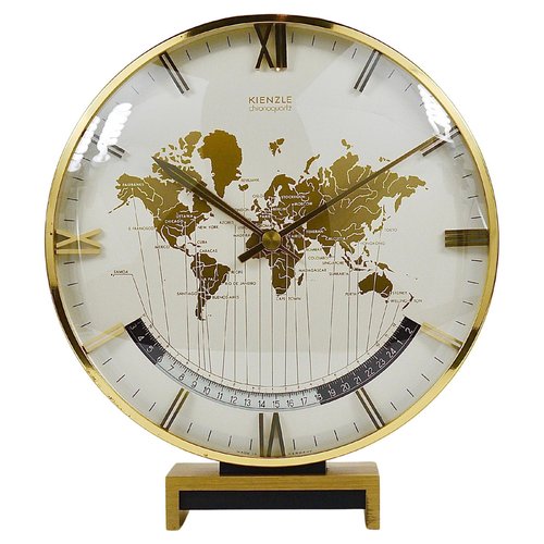 Large Mid-Century GMT World Time Zone Table Clock in Brass from Kienzle ...