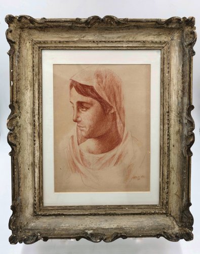 Ubaldo Oppi, Portrait of Woman's Face, 1928, Sanguine Drawing, Framed ...