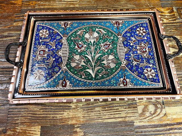 Traditional Carved Copper Tray with Handles for sale at Pamono