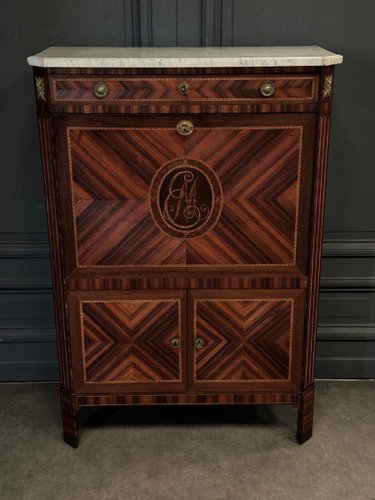 Louis XVI Period Secretary in Monogram Marquetry and White Marble for ...