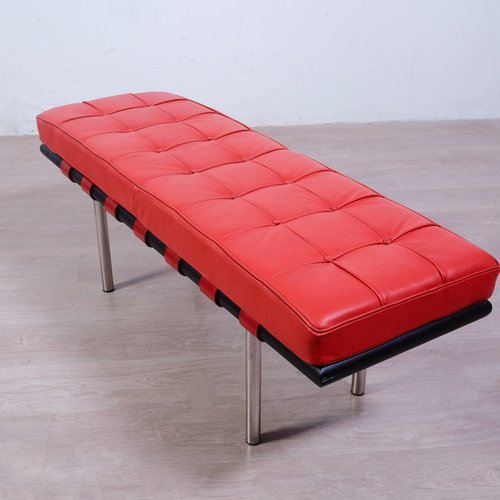 Barcellona 3-Seater Bench in Red Leather, Wooden Base and Steel Legs ...