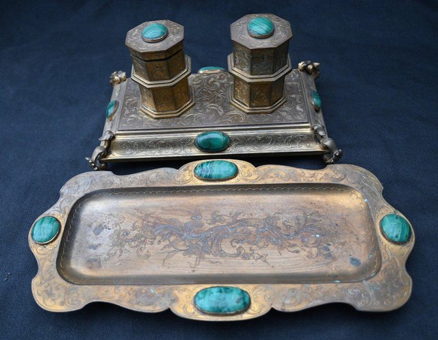 19th Century Russian Inkwell Desk Set in Gilt Bronze and Malachite for ...