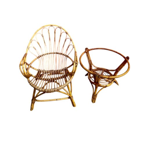 Set of Mid-Century Spanish Wicker Chair and Table for sale at Pamono