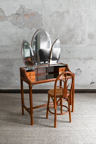 Mid-Century Vanity & Chair in with Brass Details and Side-Panel Mirrors ...