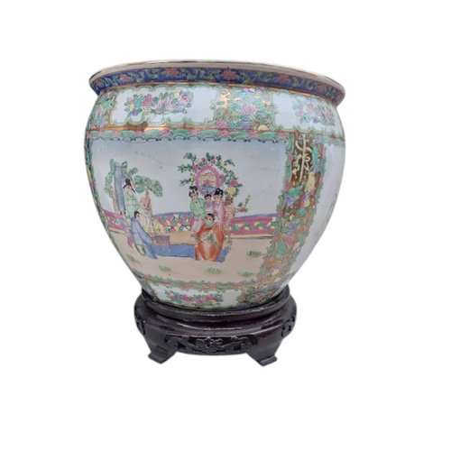 Vintage Chinese Porcelain Plant Pot with Wooden Base for sale at Pamono
