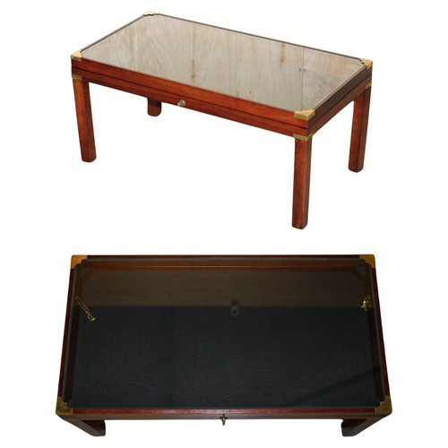 Military Campaign Style Coffee Table with Exhibition Glass Display Case ...