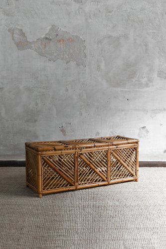Bamboo Storage Bench with Geometric Cane Patterns, 1980s for sale at Pamono