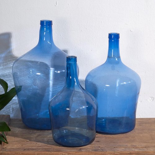 Antique Blue Colour Demijohns, 1920, Set of 3 for sale at Pamono