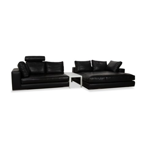 Set of Hamilton Corner Sofa in Black Leather and Coffee Table in White ...