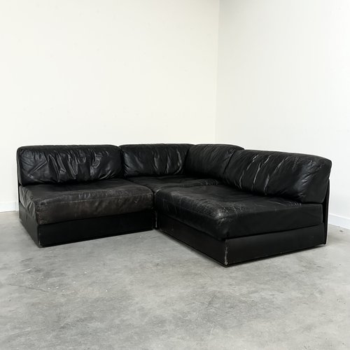 Black Leather Modular Sofa or Daybed in the style of de Sede, 1970s ...