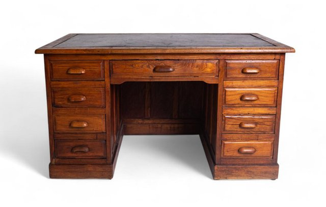 Vintage Wooden Desk with Leather Top and 9 Drawers
