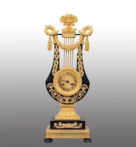 Empire Lyre Clock in Gilded and Patinated Bronze, France, Early 19th ...