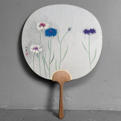 Japanese Uchiwa Hand Fan with Cornflowers, 1970s for sale at Pamono