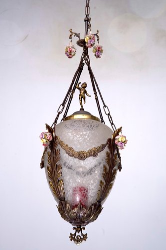 Italian Brass, Etched Glass and Capodimonte Flowers Lantern, 1950s for ...